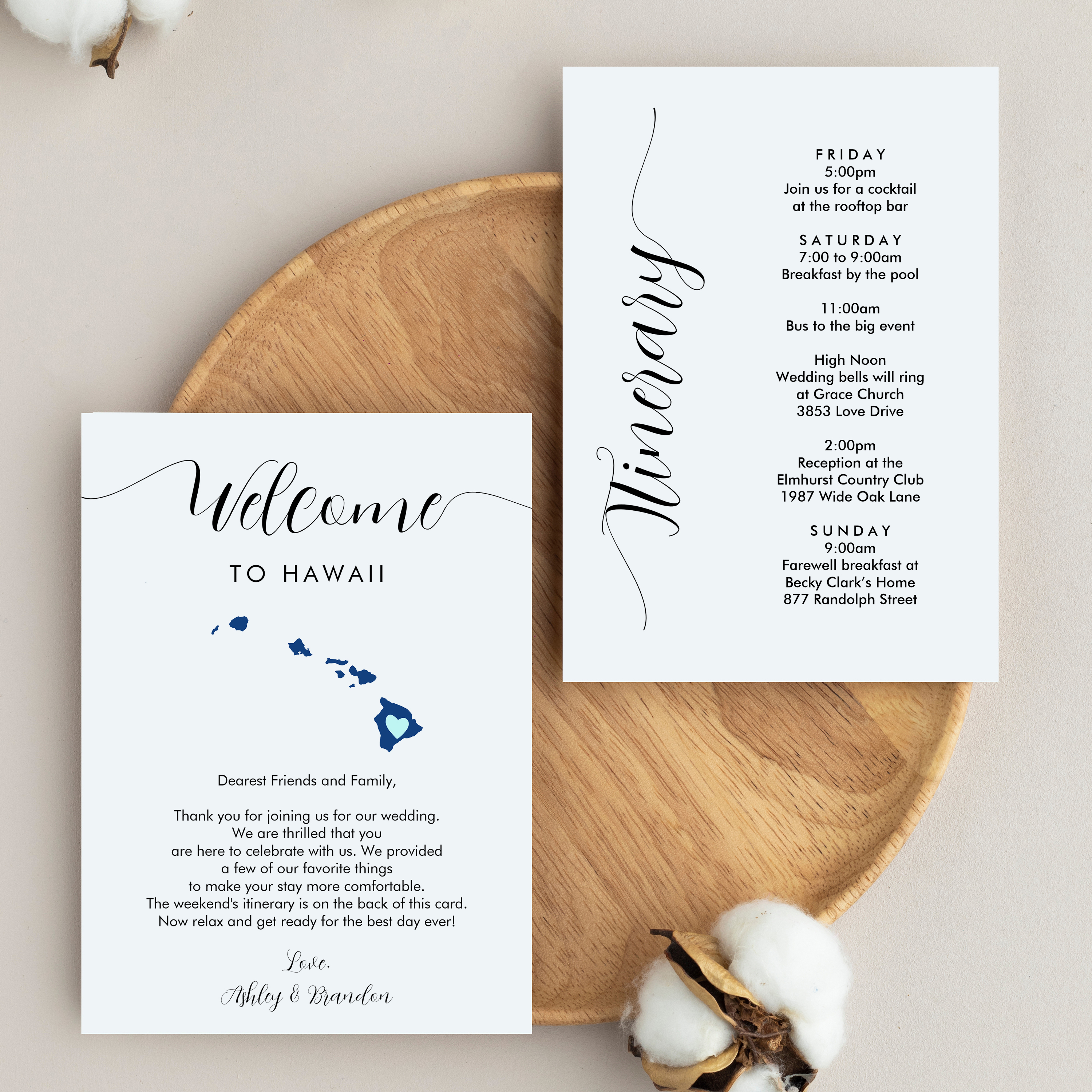Hawaii wedding schedule of events card and welcome letter